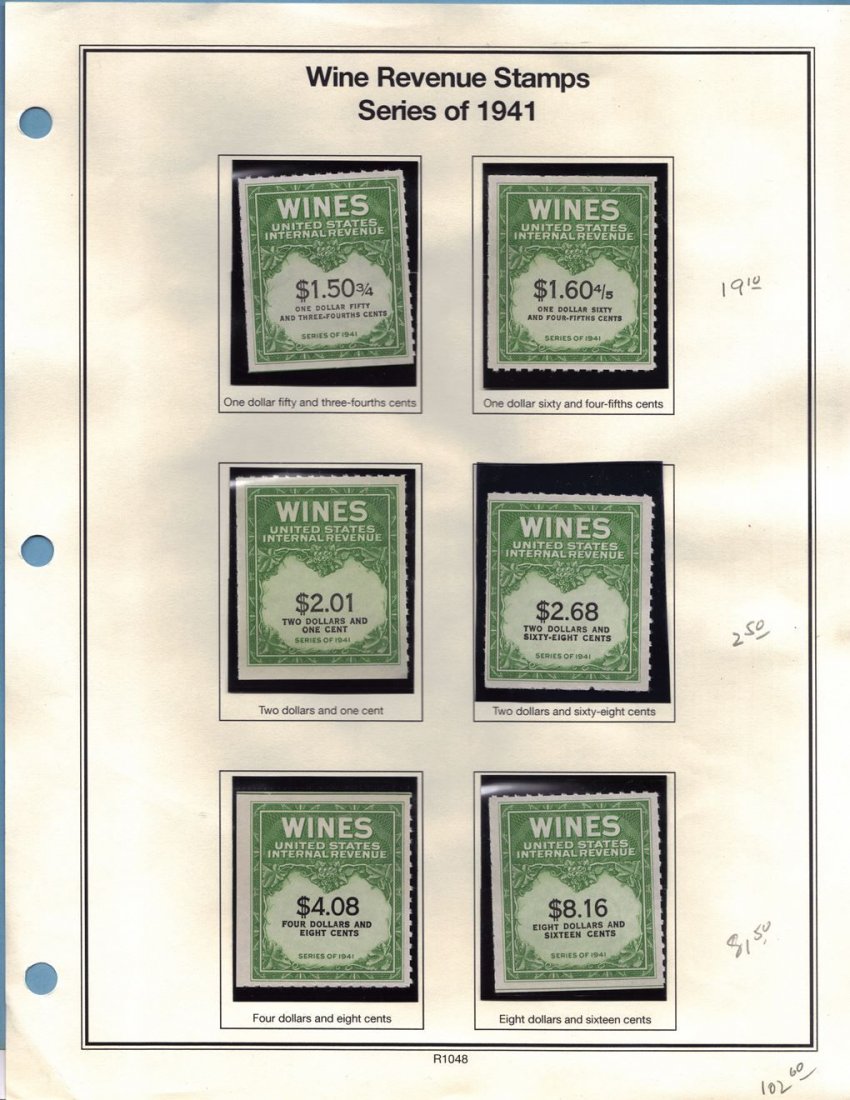 Excellent 1941 U.S. Wines Revenue Stamp Collection