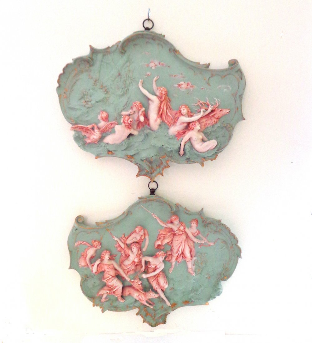 Pair Antique Volkstedt Germany Jasper Ware Plaques