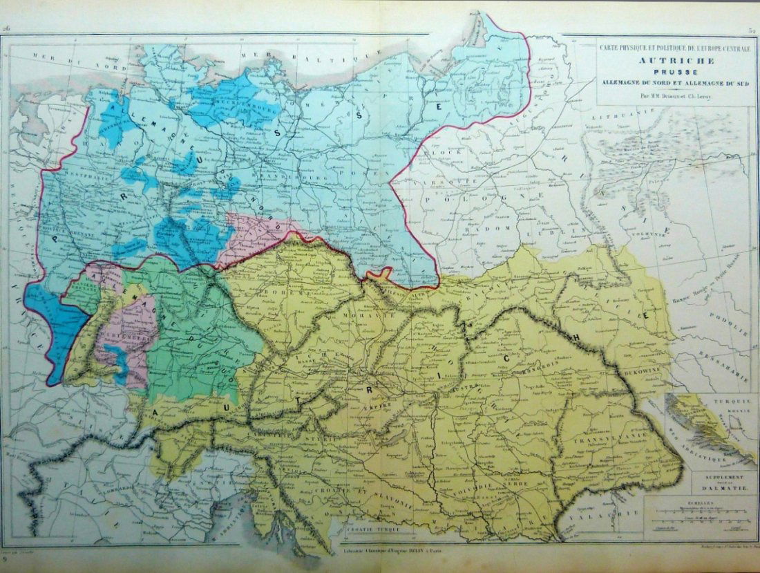 Physical and political map of Central Europe. 1871.