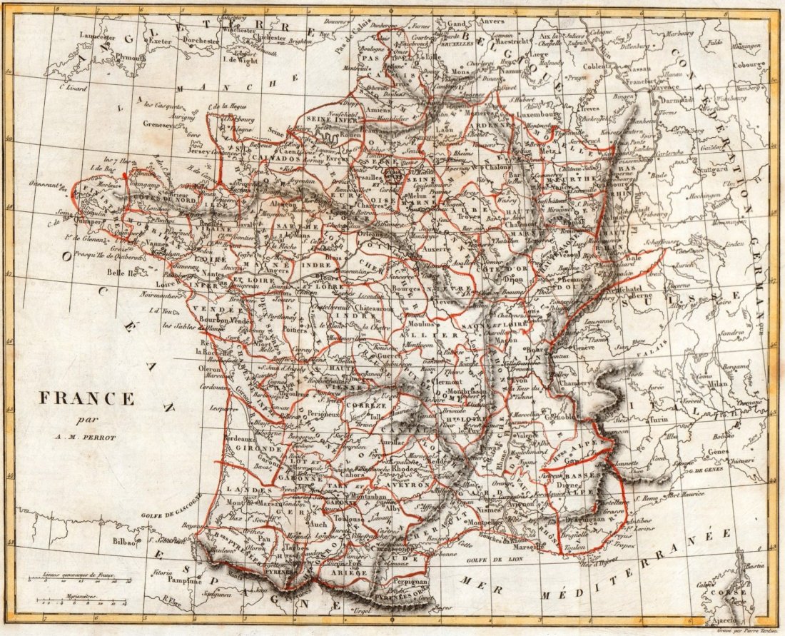 A. M. Perrot. Map Of France. 1837.