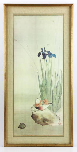 Chinese Print, Iris Blooms With Mandarin Ducks