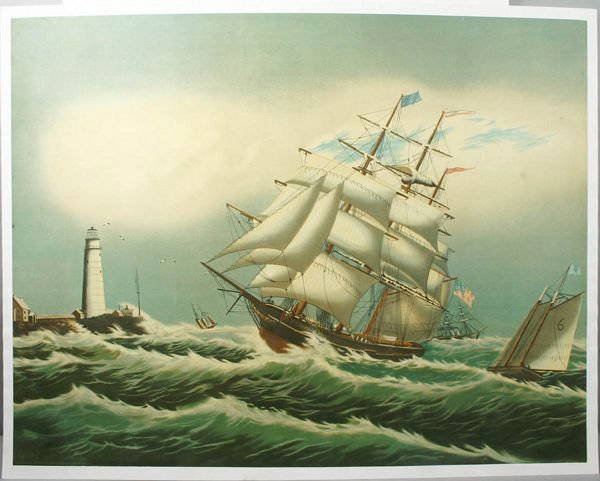 Ships Passing Off Boston Light, Litho, 1888