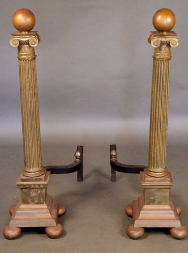 Pr. 20th C. Ionic Brass Andirons