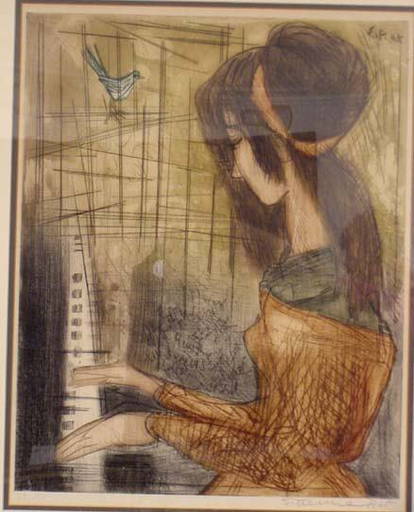 Signed Etienne Ret Lithograph Girl At Piano