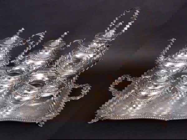 423: SILVER ON COPPER TEA SERVICE WITH TRAY