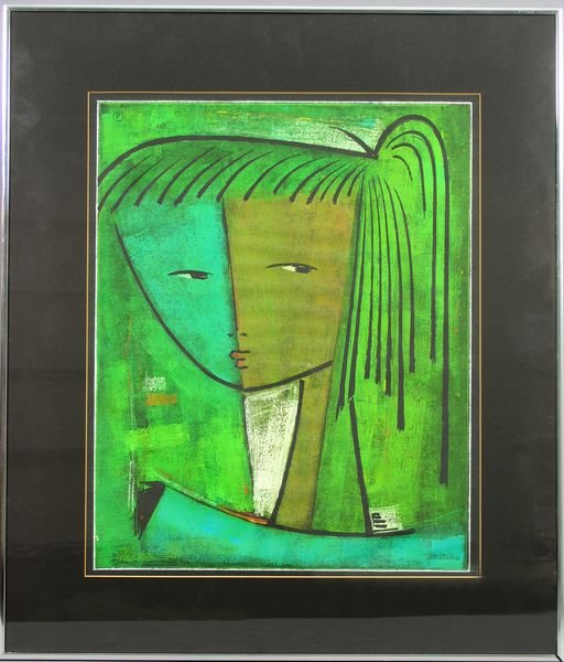 2285: Signed Angel Botello, Portrait of Girl, Linocut