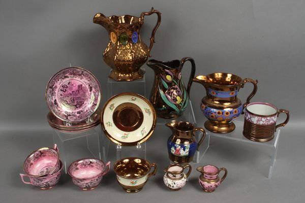 (16) Pieces Of Copper And Pink Lustre Ware