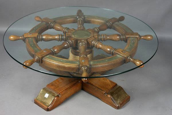Teak Ship's Wheel Coffee Table W/ Brass