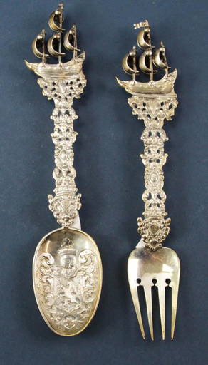 Early Dutch Silver Spoon And Fork, Ship Handles