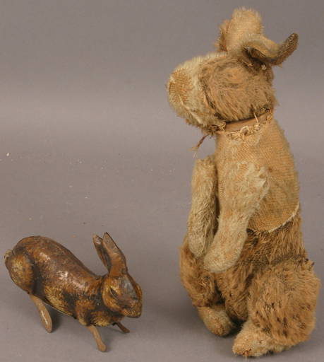 Antique Stuffed Rabbit And Tin Rabbit