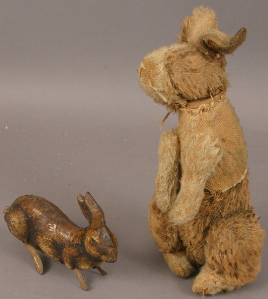 Antique Stuffed Rabbit And Tin Rabbit