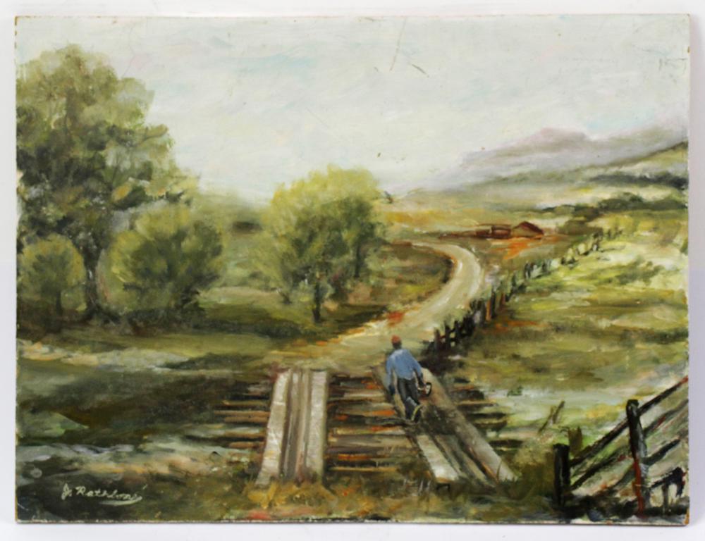 Signed J. Rathbone, Landscape, Oil On Masonite