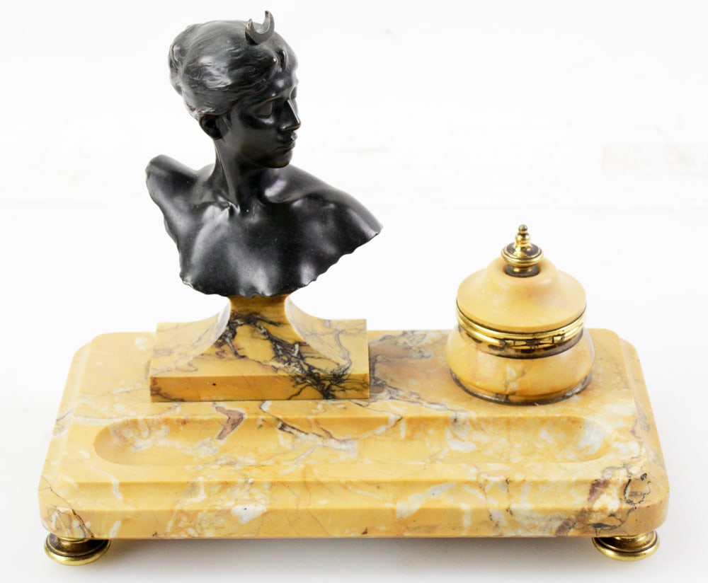 19thc French Marble Ink Well With Bronze Bust Of Diana