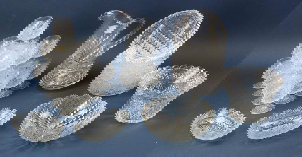 Cut Glass Pitcher, Bowls, Trays, Snifters, Bucket Auction