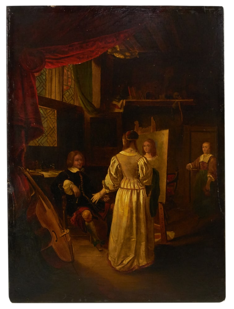 17thc Dutch School, The Artist's Studio, Oil On Board Auction