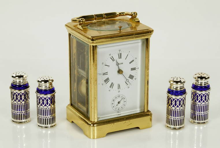 French Relide Carriage Clock And Salt And Pepper Set
