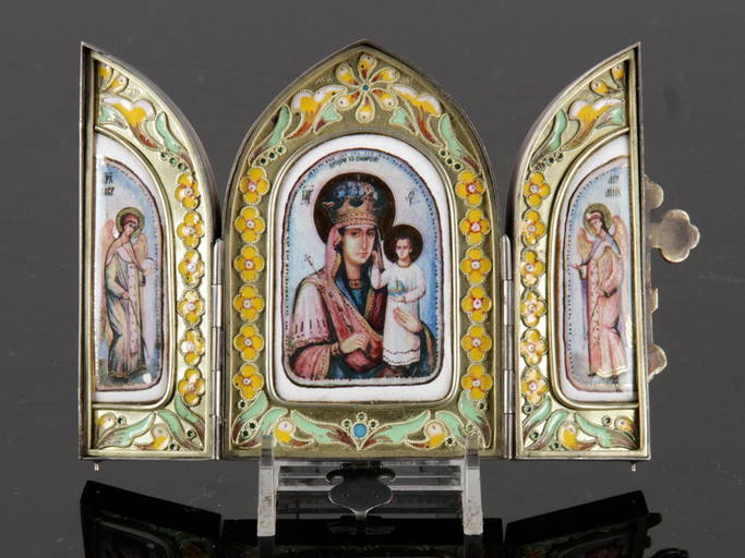 Russian 84 Silver Enamel Icon Triptych