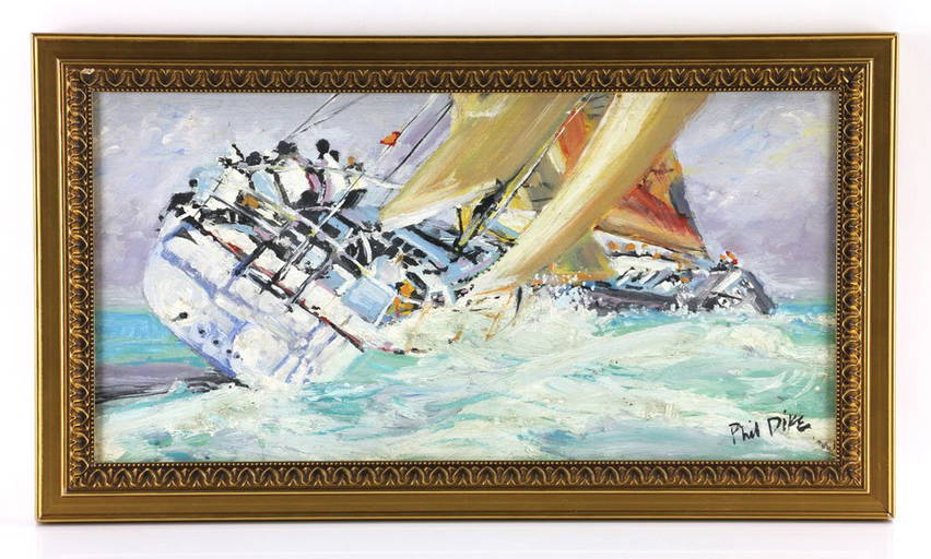 Dike, Racing Sailboats, Oil On Panel