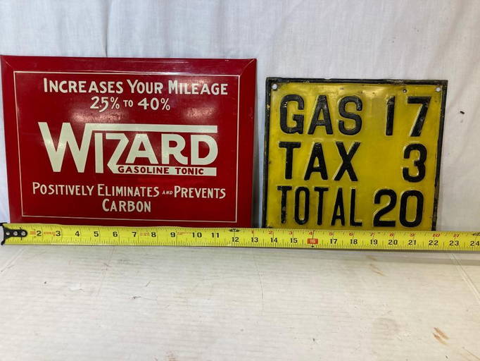 1920's "visible Gas Pump" Pricing Sign "wizard Gasoline Tonic" Tin Sign ...
