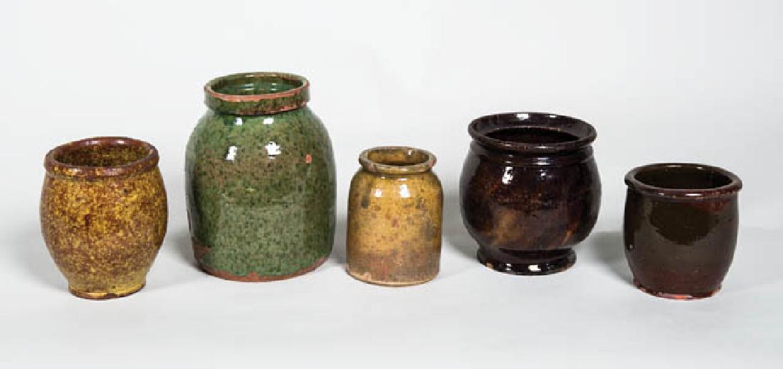 FIVE SMALL REDWARE POTS Green glazed, straight sided