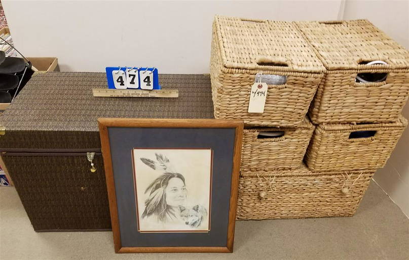Wicker Trunk, Contents And 5 Woven Straw Storage Bins