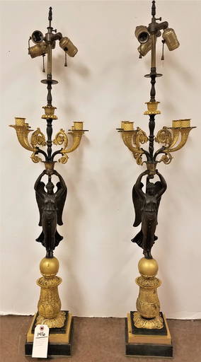Pr Empire C1820 Bronze And Fire Gilt Bronze Figural