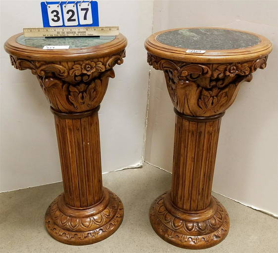 Pr. Carved Mohog. Marble Top Pedestals 30"h X 15 1/2" Diam