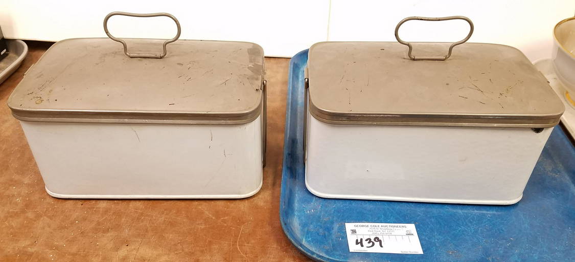 TRAY 2 VINTAGE ENAMELED METAL AND NICKEL LUNCH BXS 5"H X 10"W X 6"D ...