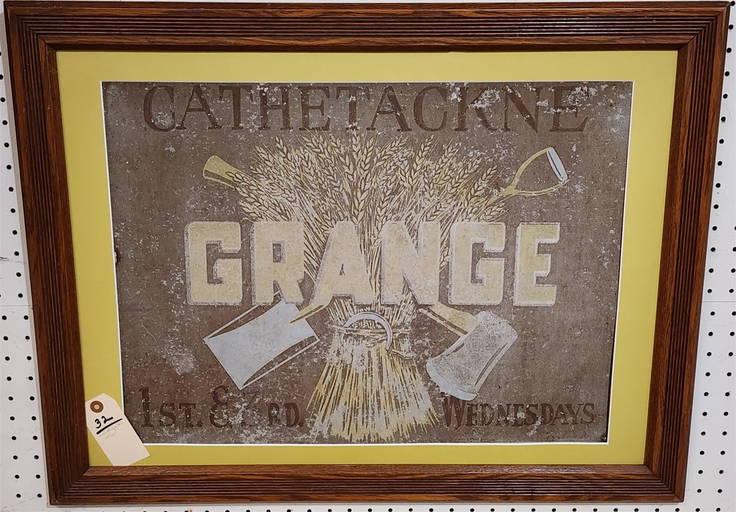 Framed Vintage Tin Cathetackne Grange Sign 17"x 30"
