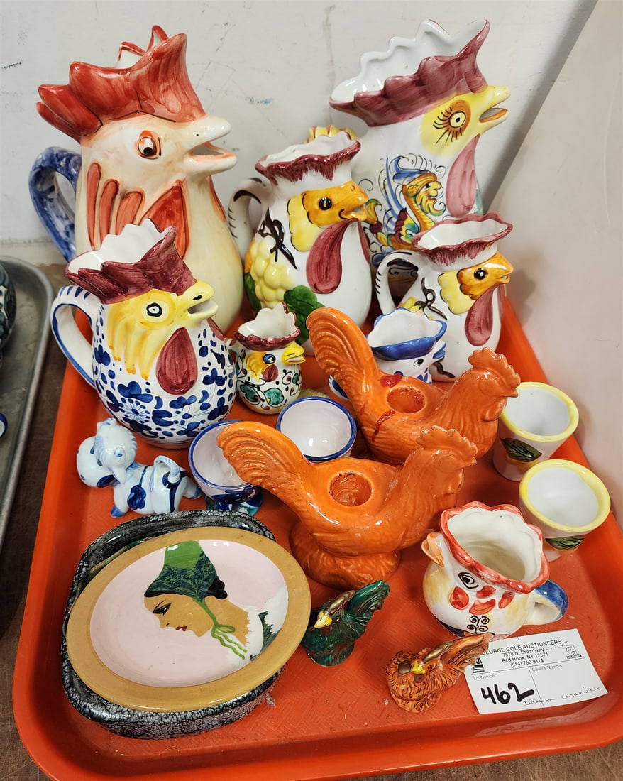 Tray Italian Ceramic Chicken Pitchers, Candlesticks Etc Auction