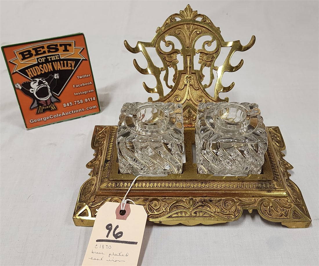 19th C Brass Plated Cast Iron Ink Stand 5" H X 9" W X 9" D - May 31 ...