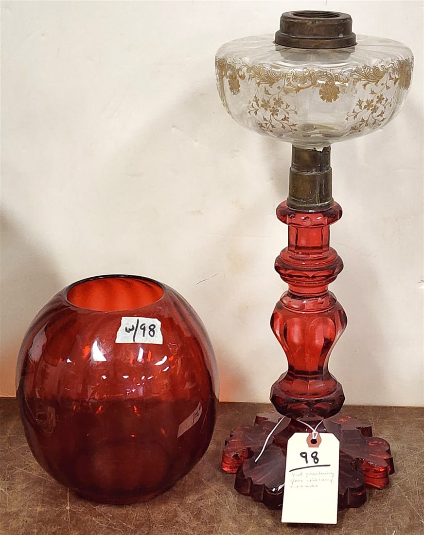 Vict. Cut Cranberry Base Oil Lamp W/etched Gilt Font 17" W/cranberry ...