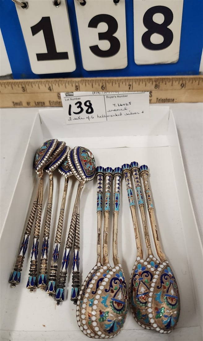 Lot 2 Sets Of 6 Hallmarked Silver + Enamel Tea Spoons 5" 7.26 Ozt Auction