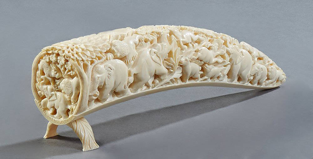 Chinese Carved Tusk, 20th C., With Relief Carving