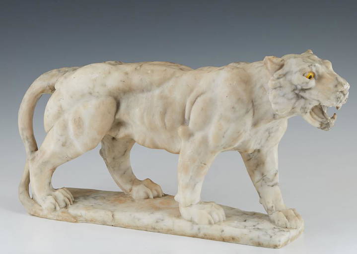 Carved Alabaster Lioness Figure, 20th C., With Yellow
