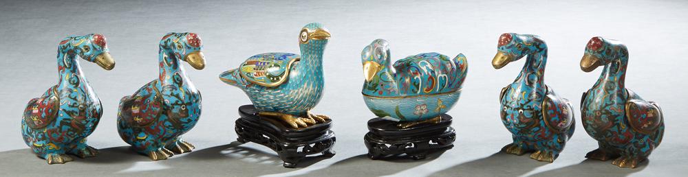 Group Of Six Chinese Cloisonne On Bronze Bird Censers,
