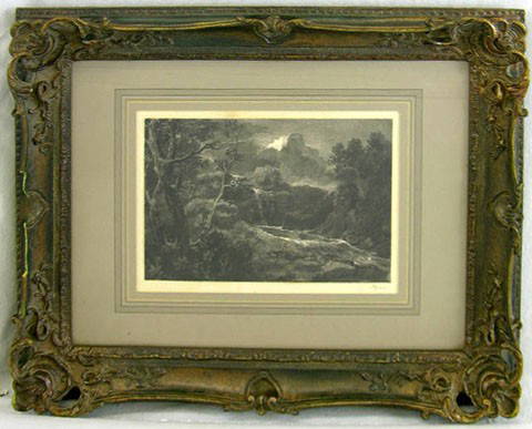 Pyne, "waterfall," 19th C., Grisaille Watercolor,