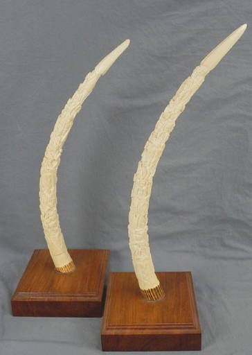 Pair Of African Ivory Tusks, 20th C., Carved With