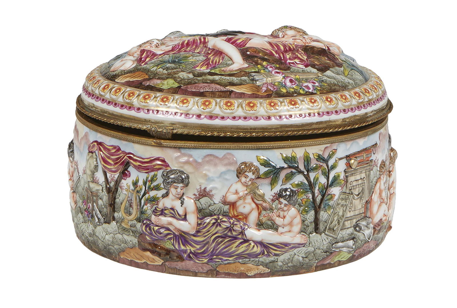 Large Capodimonte Circular Porcelain Covered Box With Relief Figural ...