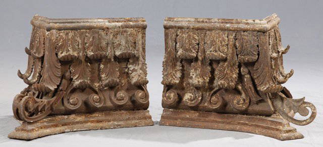 Pair Cast Iron Column Capitals, 19th C., Of Recta