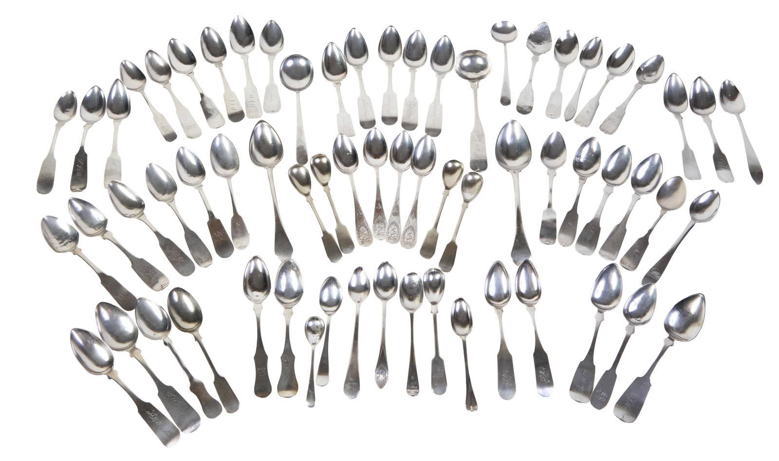 Large Group Of Sixty-five Coin Silver Fiddleback Teaspoons, 19th C., Wt ...