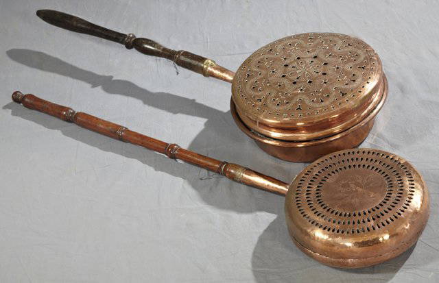 Two Pierced Copper Bedwarmers, 19th C., With Turn