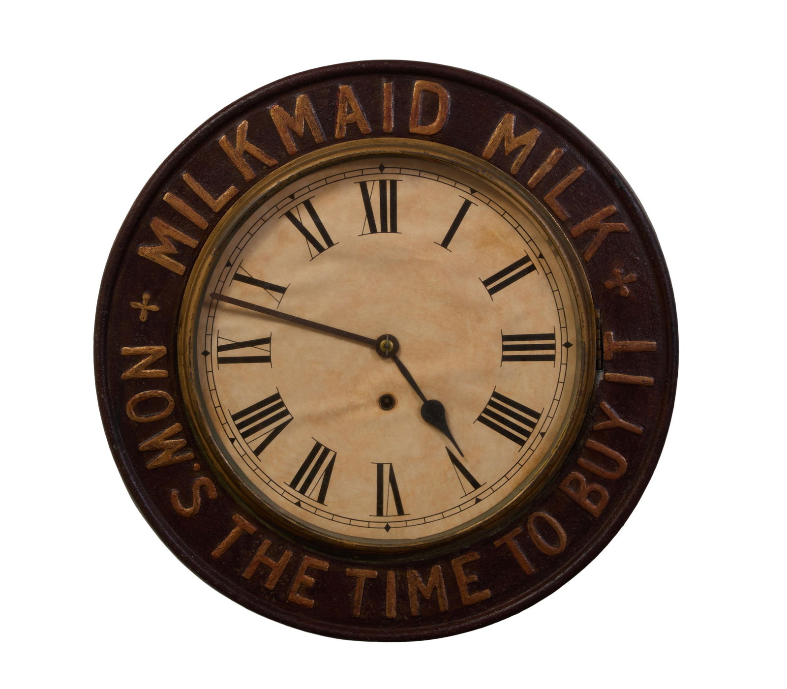 Walnut Advertising Milkmaid Milk Clock, Early 20th C., H.- 4 1/2 In ...