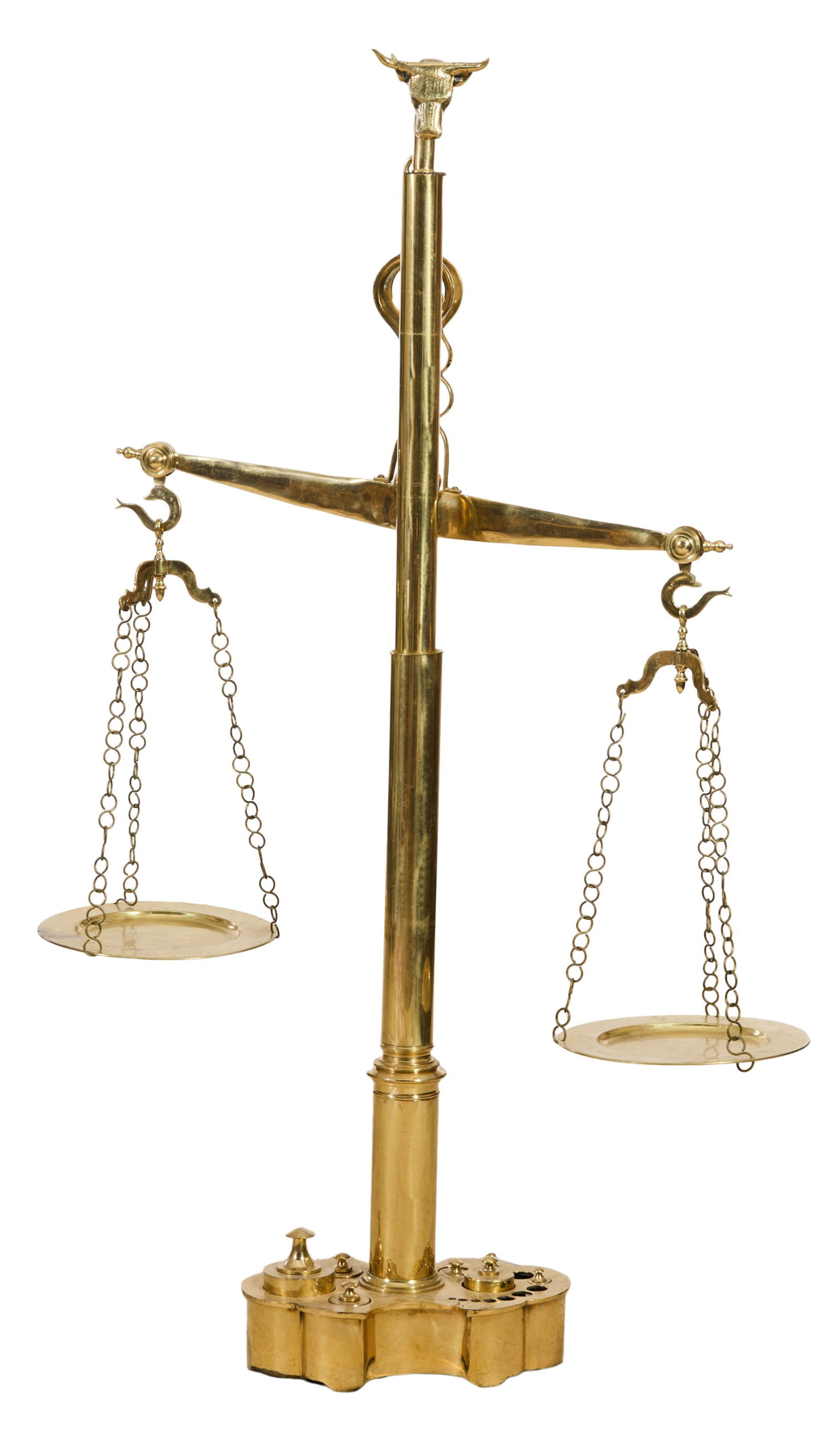 Large Brass Trade Scale With Weights, 20th C., H.- 58 In., W.- 33 In ...