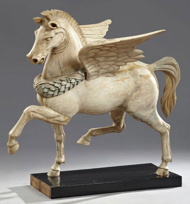 Large Polychromed Carved Wooden Figure of Pegasus,