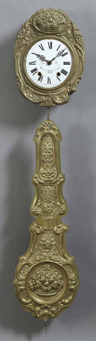 French Morbier Wall Clock, 19th c., with a brass floral