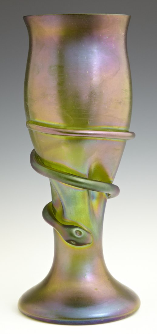 Loetz Iridescent Art Glass Footed Snake Vase, early