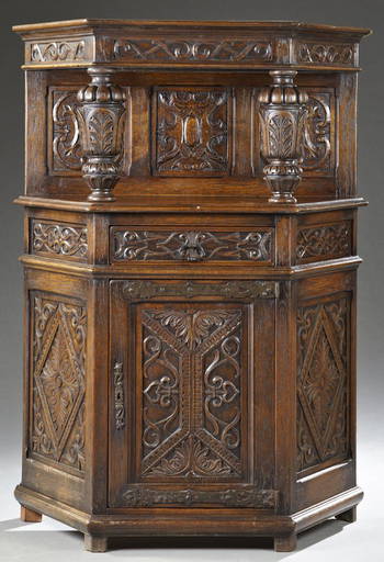 Jacobean Style Carved Oak Court Cupboard, 19th C., The