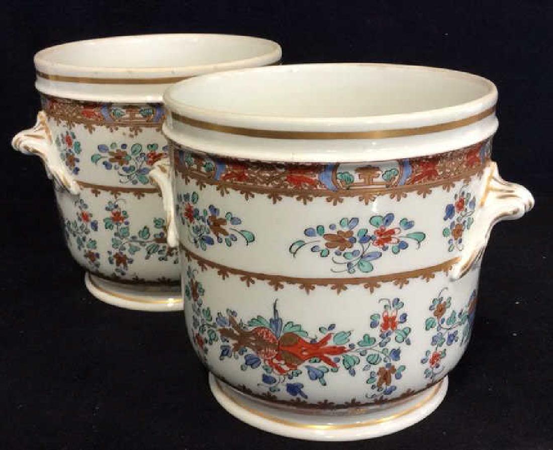 Pair Vintage Porcelain Oriental Painted Cache Pots