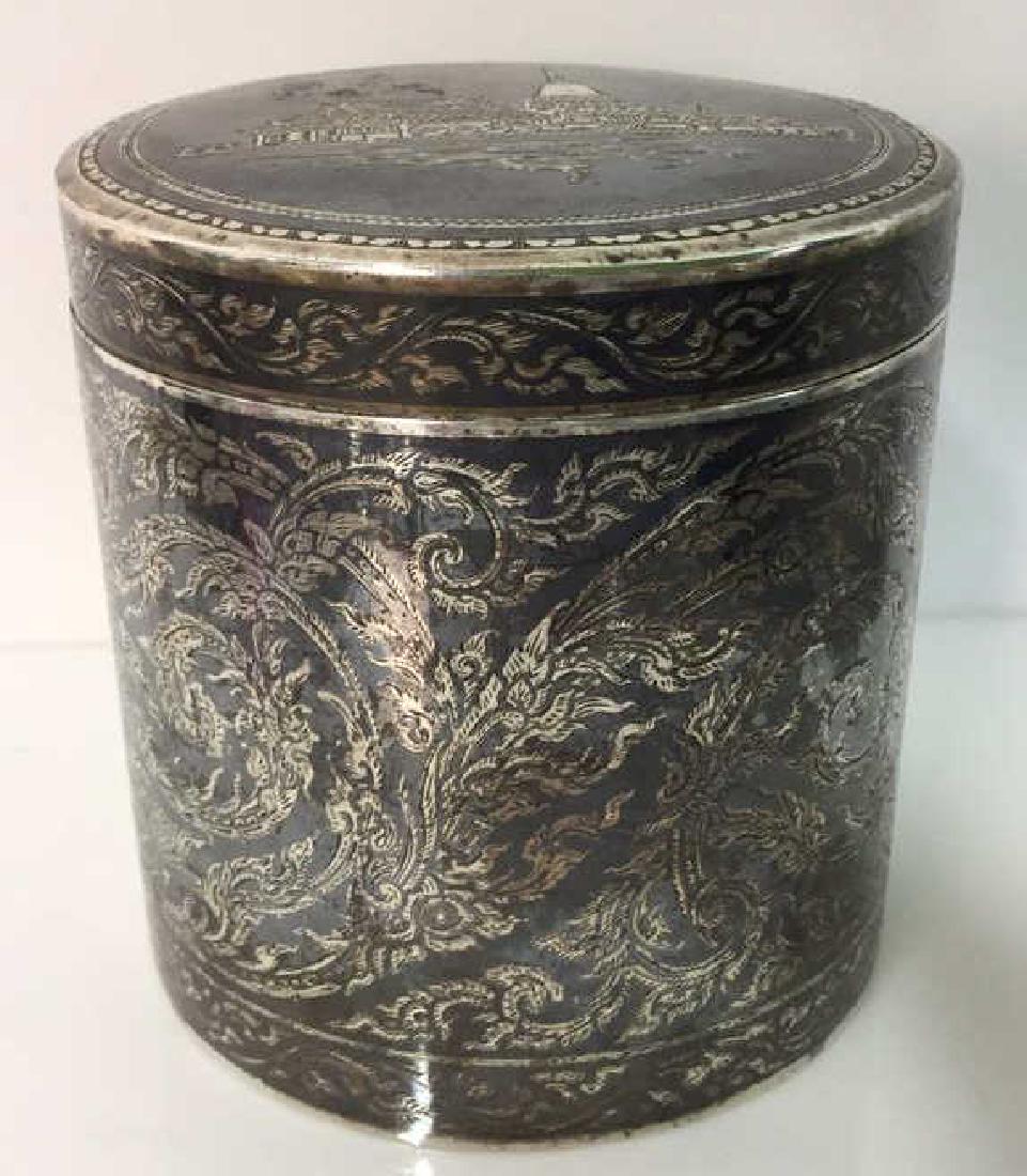 Ornate Silver Cylindrical Lidded Opium Box